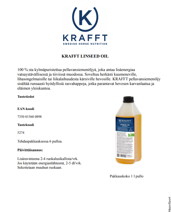 Krafft Linseed Oil 1l | Vitamiinit & öljyt | HippoSport English